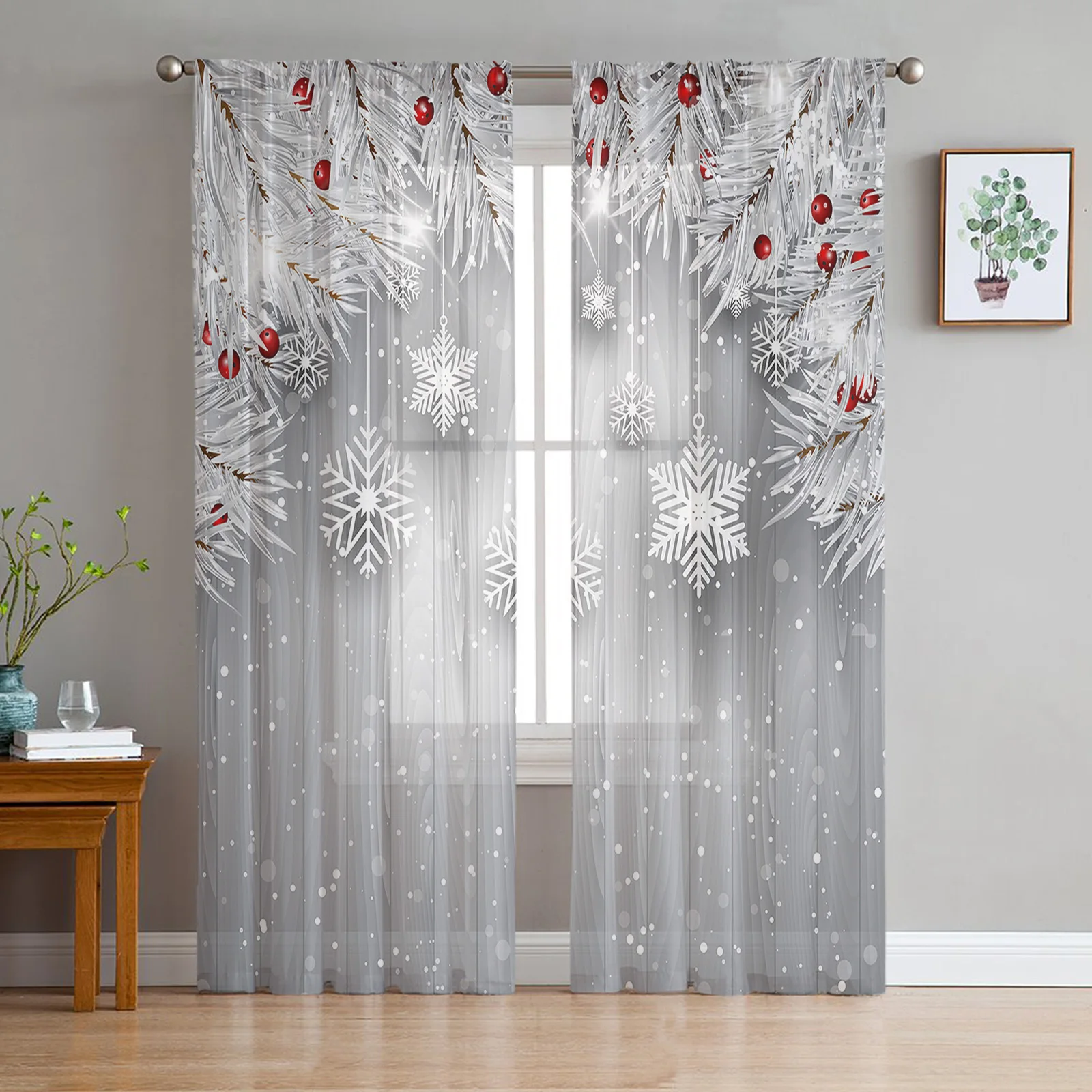 Christmas-Pine-Needles-Snowflakes-Wood-Grain-Window-Tulle-Curtains-for ...