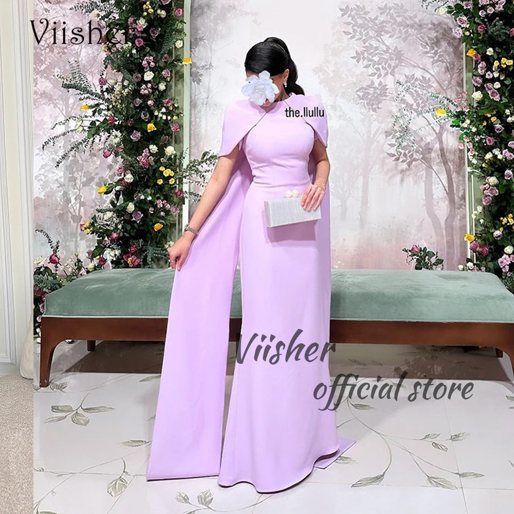 Viisher-Lavender-Satin-Mermaid-Evening-Dresses-with-Cape-Arabian-Dubai ...