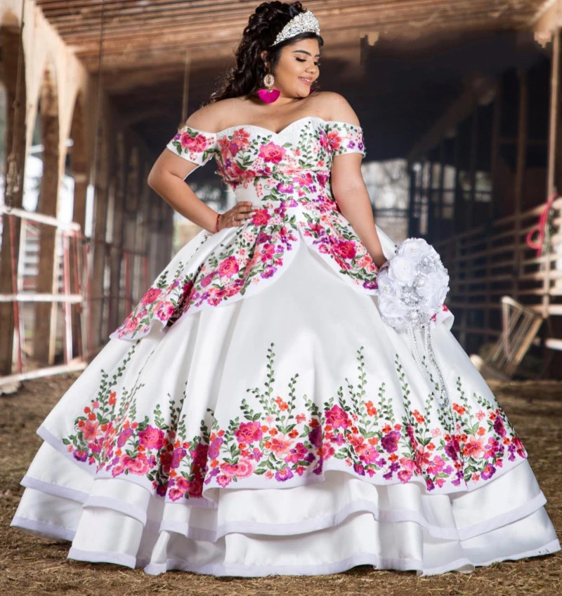 Flower Birds Embroidery Charro Quinceanera Dresses Mexican Theme White ...