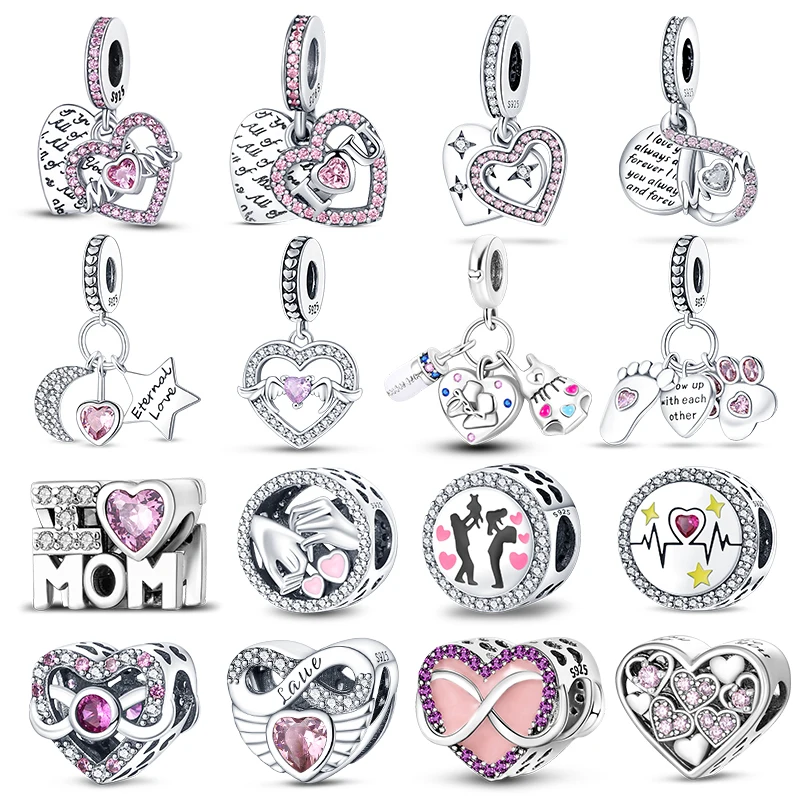 Real-925-Sterling-Silver-Pink-Series-Heart-Charms-Beads-Fit-Pandora-925 ...