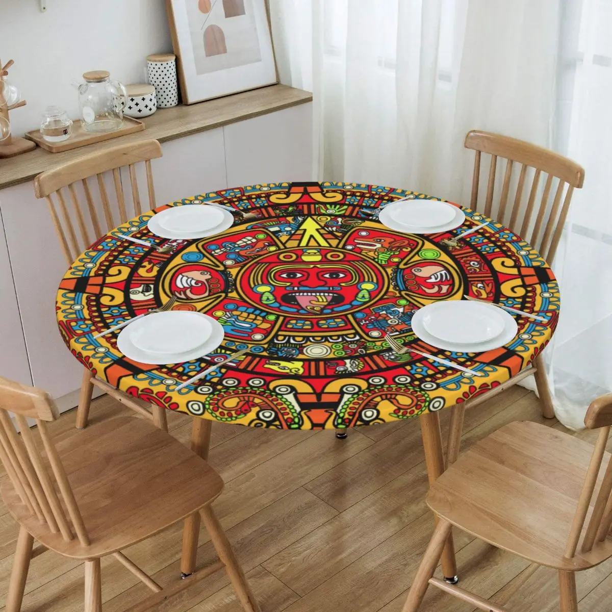 Round-Waterproof-Oil-Proof-Mexico-Maya-Aztec-Calendar-Tablecloth-Backed ...