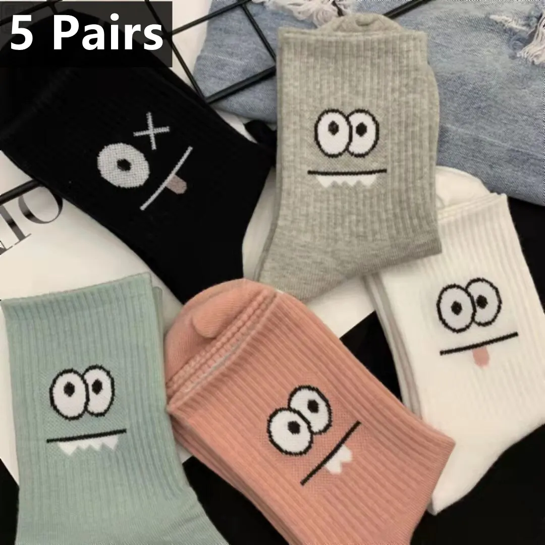 5 Pairs Cute Expression Print Socks, Comfy & Funny All-match Mid Tube ...