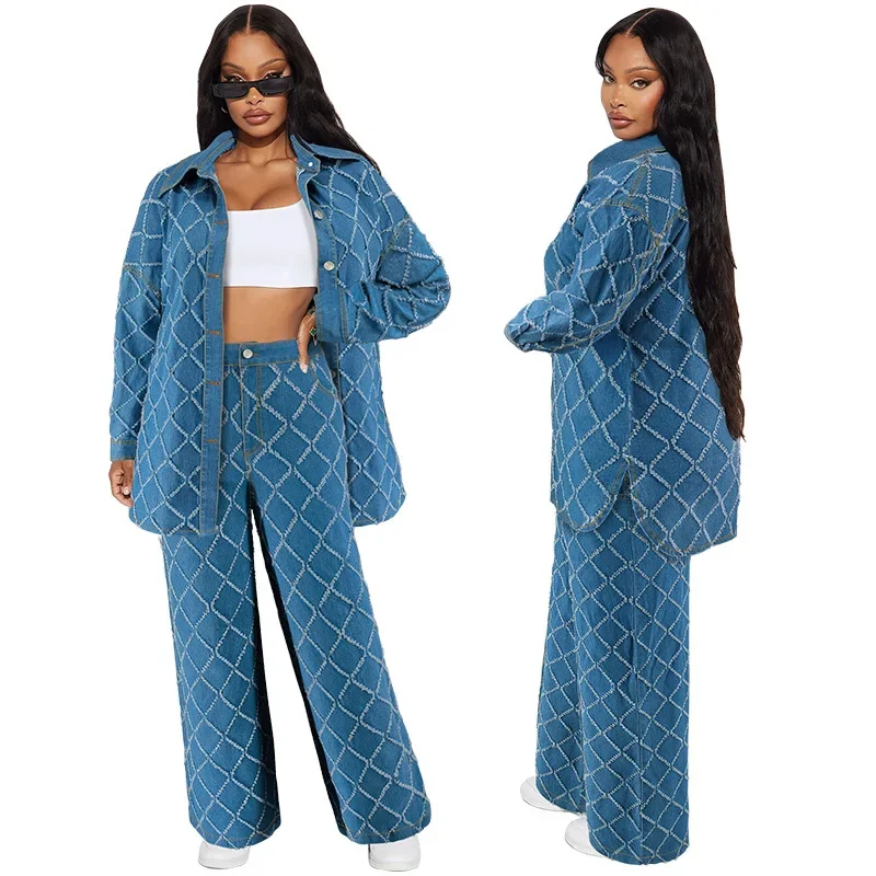 Two Piece Sets Women Pant Set Single Breasted Denim Coats Jeans Elegant ...