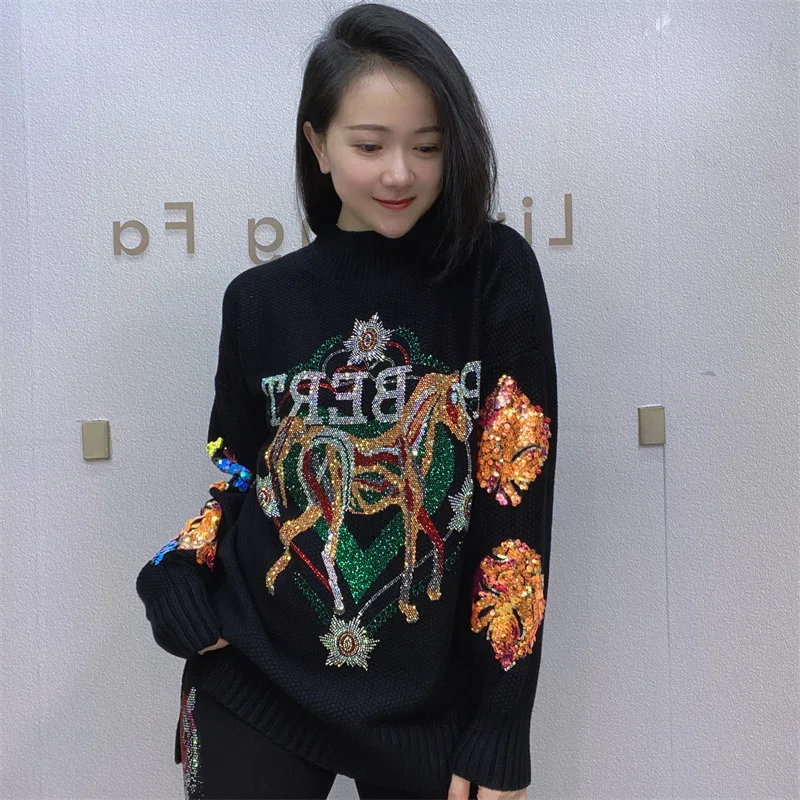 Women-Winter-Diamonds-Horse-Knitting-Sweater-Turleneck-Black-Pullovers ...