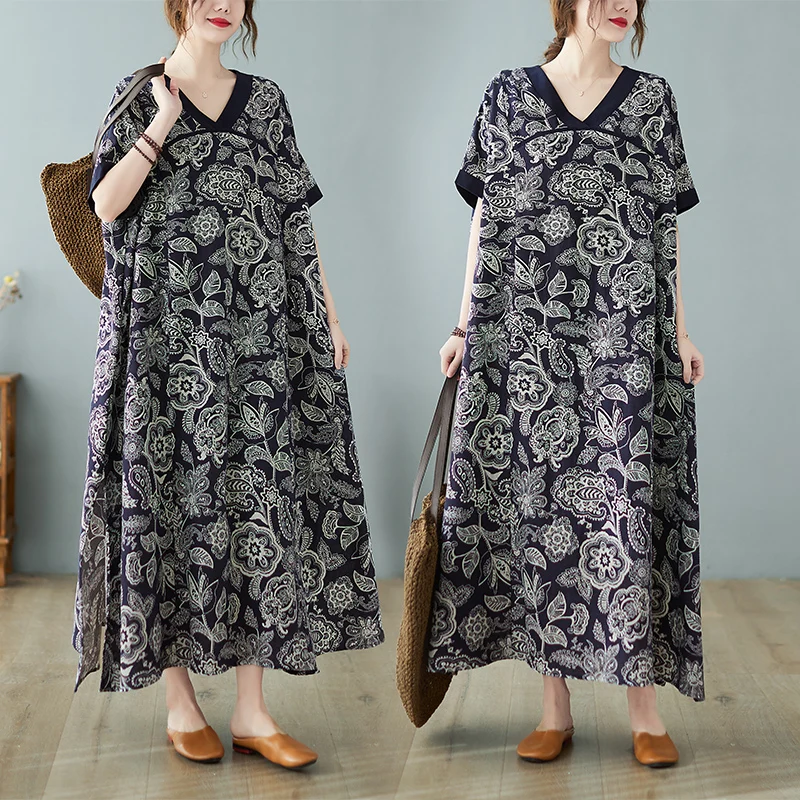 2022 Big Size Cotton Linen Women Dress Summer V Neck Maxi Dress Plus 2022-big-size-cotton-linen-women-dress-summer-v-neck-maxi-dress-plus