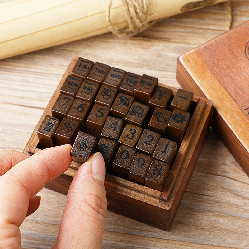 28Pcs-Alphabet-Stamps-Vintage-Wooden-Rubber-Letter-Standard-Stamp-Set ...