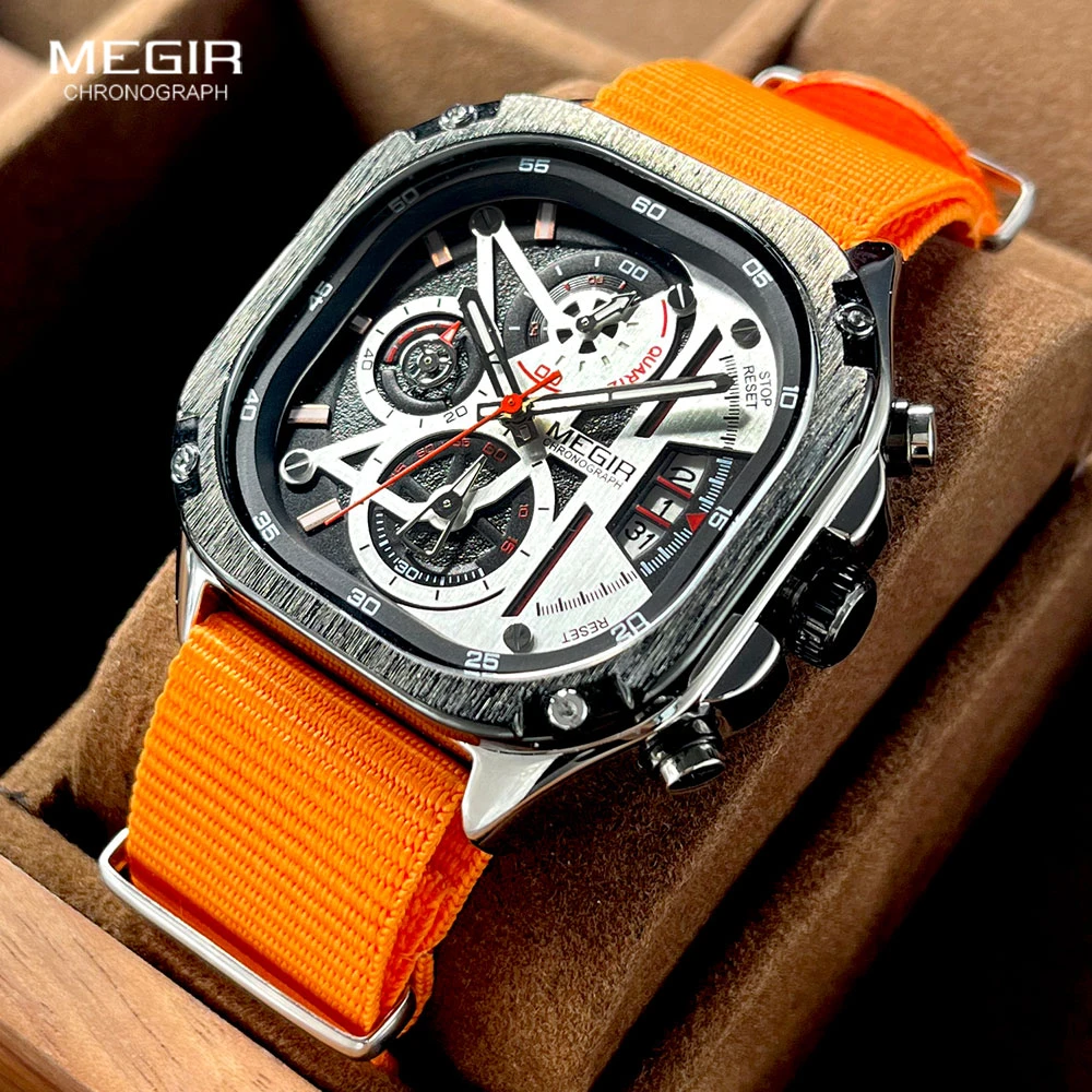 MEGIR Orange Chronograph Quartz Watch Men Military Sport Waterproof ...