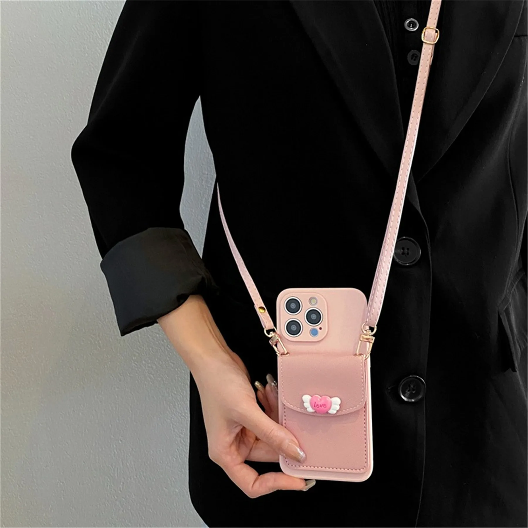 Luxury-Crossbody-Leather-Strap-Pink-Coin-Purse-Card-Holder-Heart-Wing ...