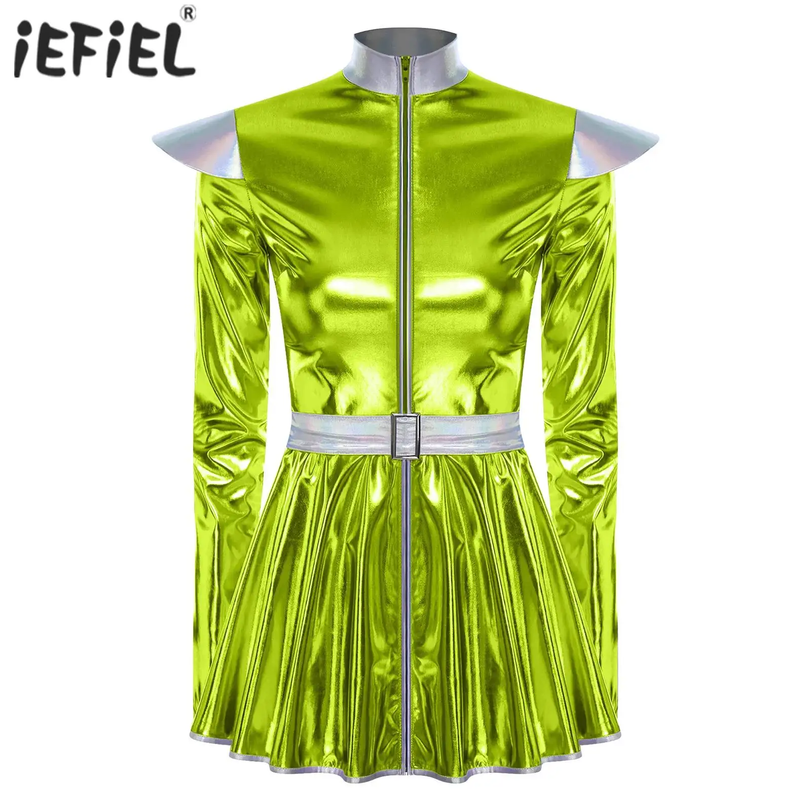 Womens Robot Alien Cosplay Costume Long Sleeves Front Zip A-line Dress ...