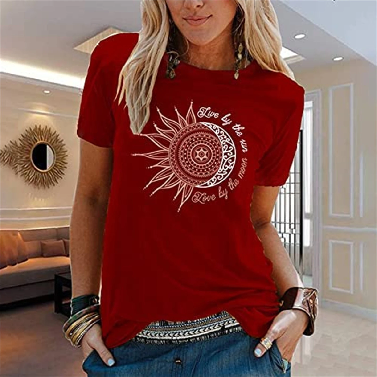 Y2k Grunge Summer Clothes For Womens Sun Moon Printed T-shirt Short ...