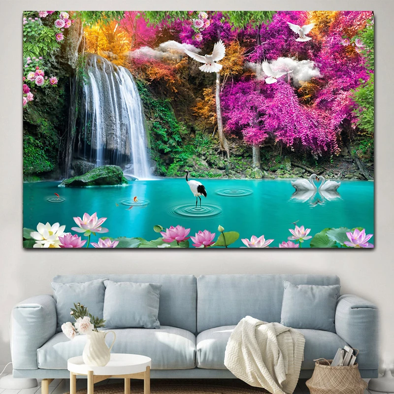 Feng-Shui-Nature-Landscape-Wallpaper-Canvas-Painting-Swan-Crane ...