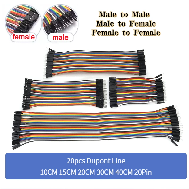 20pcs Dupont Line 10CM 15CM 20CM 30CM 40CM 20Pin Male to Male + Male to ...
