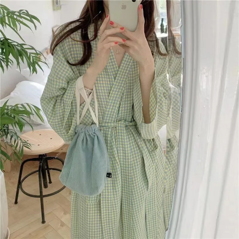 Women-Robe-V-Neck-Sleepwear-Plaid-Bathrobe-Kimono-Robes-with-Belt ...