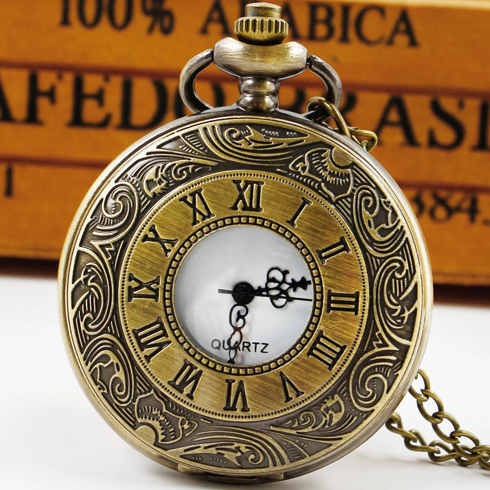 Retro-Bronze-Roman-Numerals-Pocket-Watch-With-Fob-Chain-Mens-Hollow ...