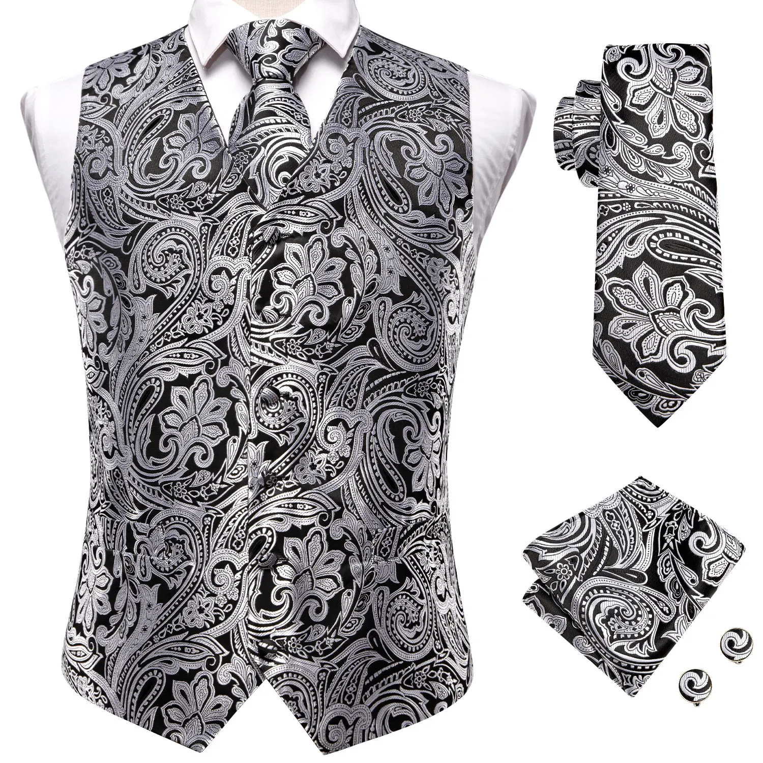 Silver-Black-Silk-Mens-Vest-Tie-Set-Jacquard-Floral-Sleeveless-Jacket ...