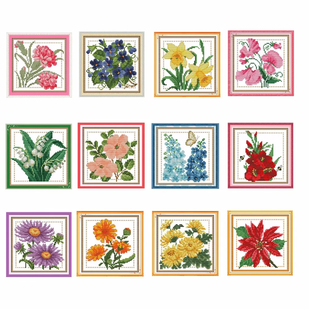 Twelve months flower cross stitch kit 14ct 11ct count print canvas mini ...