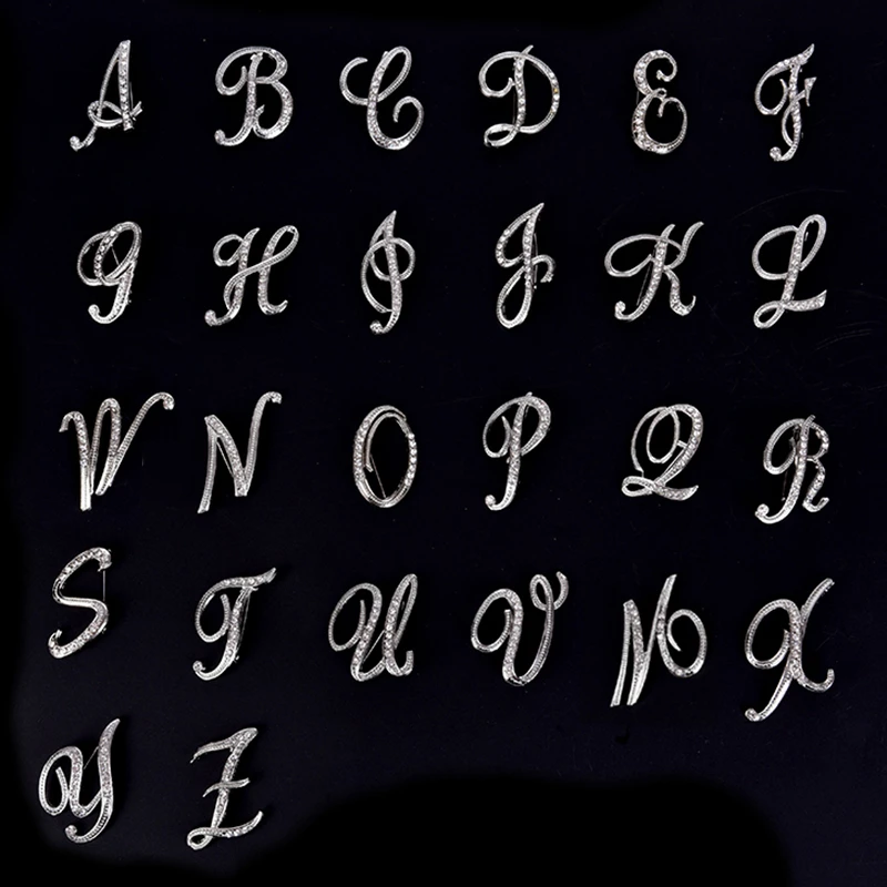 A Z 26 Letter Word Cute Brooch For Women Men Rhinestone Crystal Silver ...