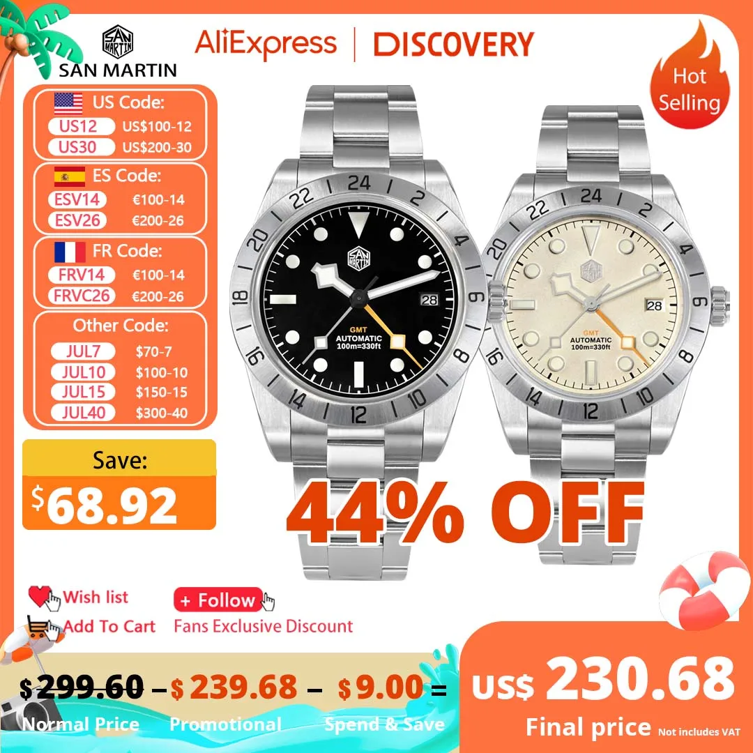 San Martin Nh34 39Mm Bb Gmt Luxe Heren Horloges Zakelijke Jurk Horloge Voor Heren Automatische ...