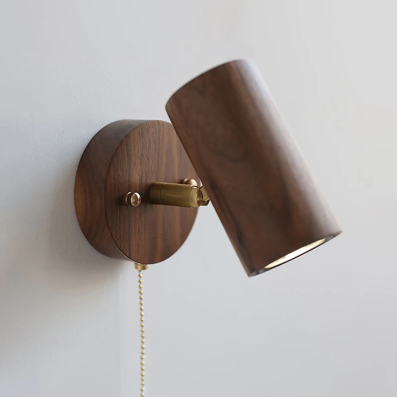 Retro Walnut Wood Wall Lamp Adjustable Angle LED Spotlight for Bedroom ...