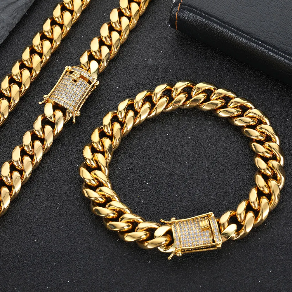 Hip Hop Rock Zircon Clasp Gold Cuban Bracelets For Men Stainless Steel ...