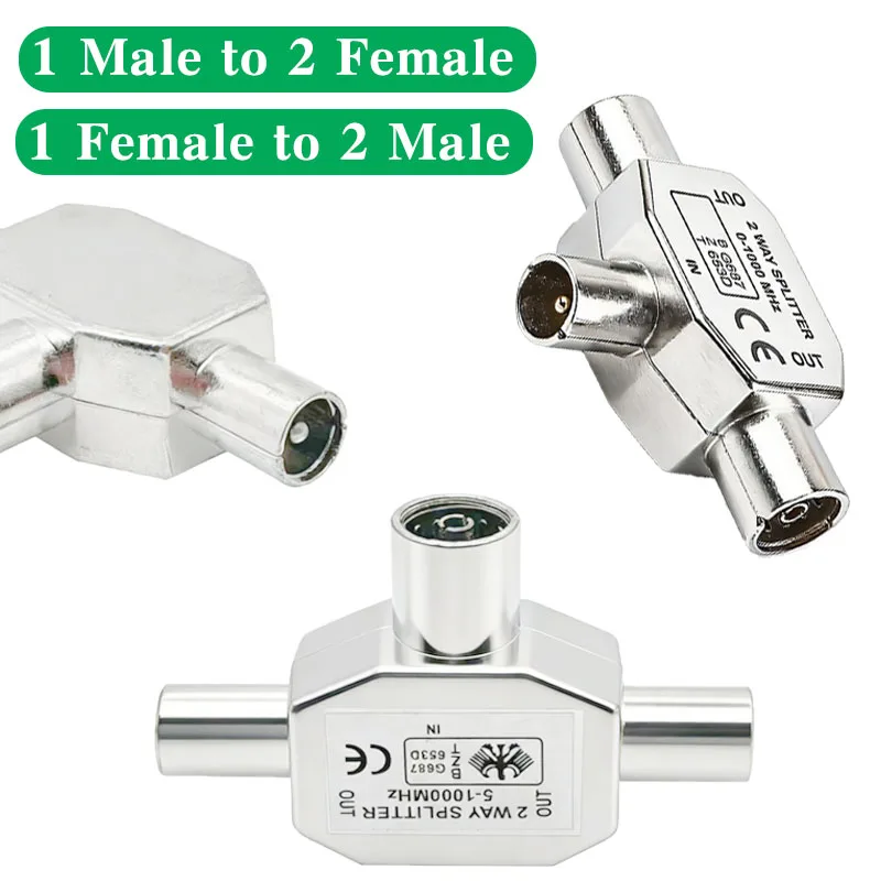 2-Way Splitter TV Male Plug Female Socket Coaxial Signal Distributor ...