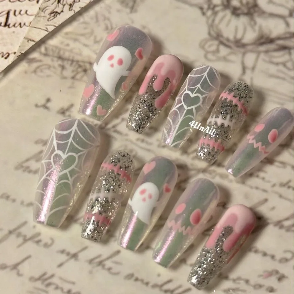 Aurora-Hand-painted-Autumn-Winter-Fake-Nails-Cute-Ghost-Halloween-Nail ...