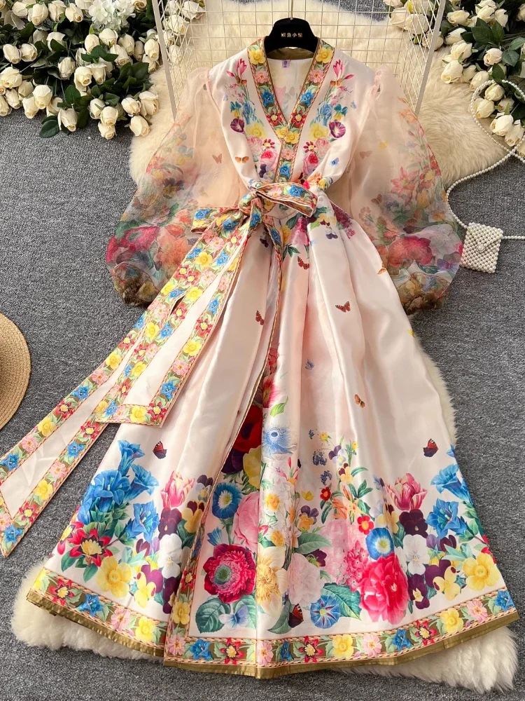France Elegant Vintage Palace Evening Dress Women Mesh Sashes Print ...