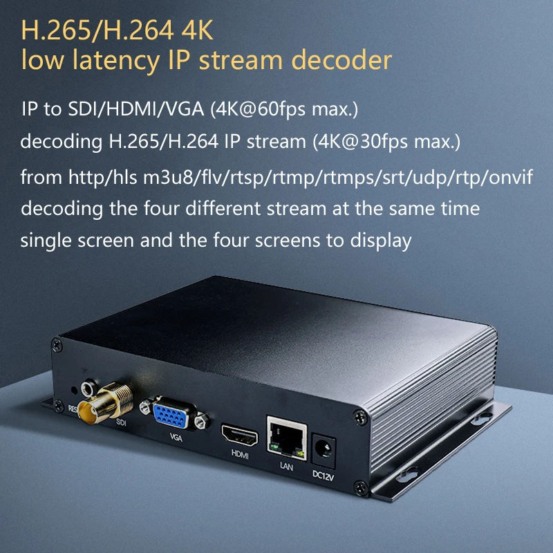 SDI HDMI VGA 오디오 출력 스트림 디코더, H.265 H.264, 4K @ 30 HTTP HLS RTSP RTMP ...