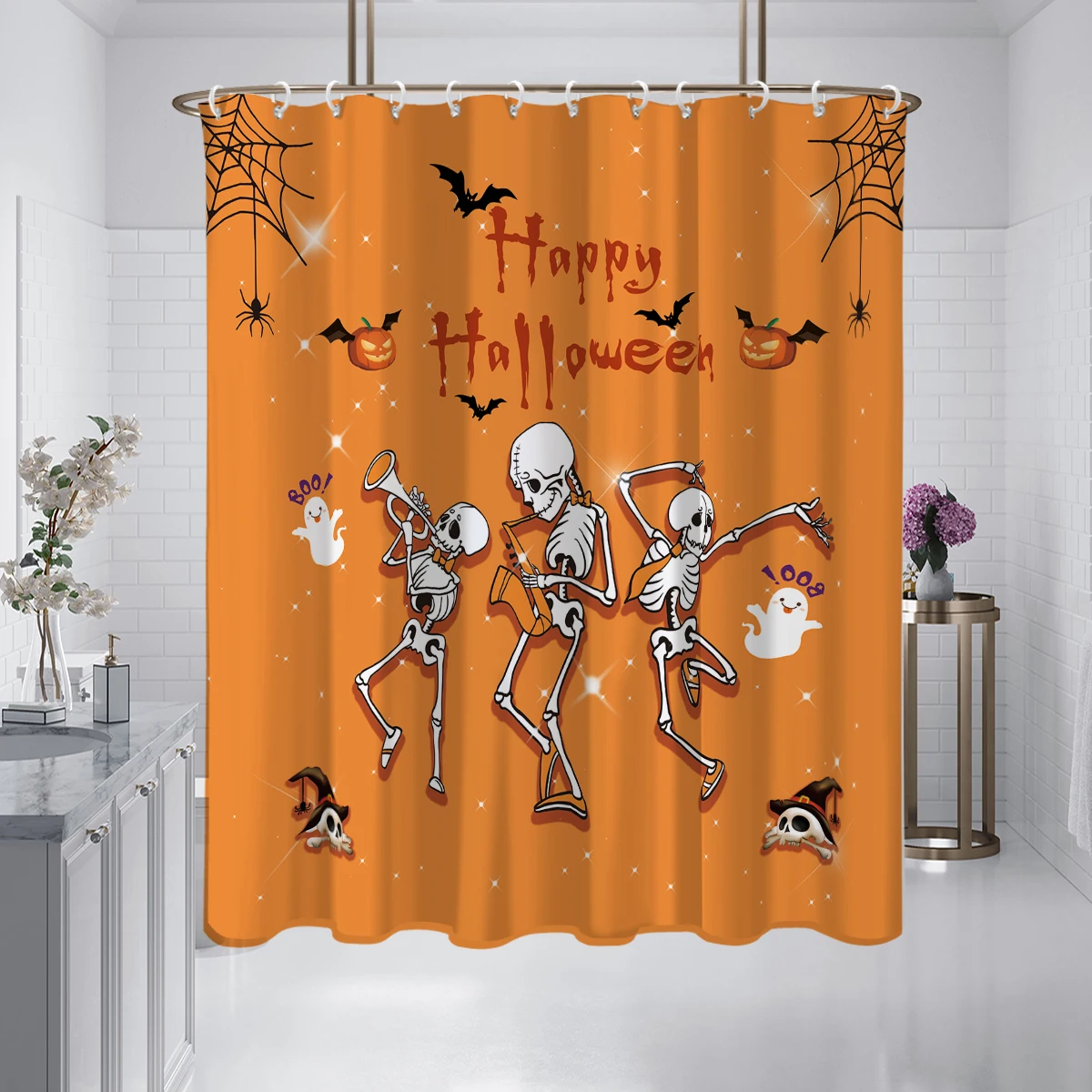 1 piece of 180x180cm Halloween orange skull printed shower curtain ...