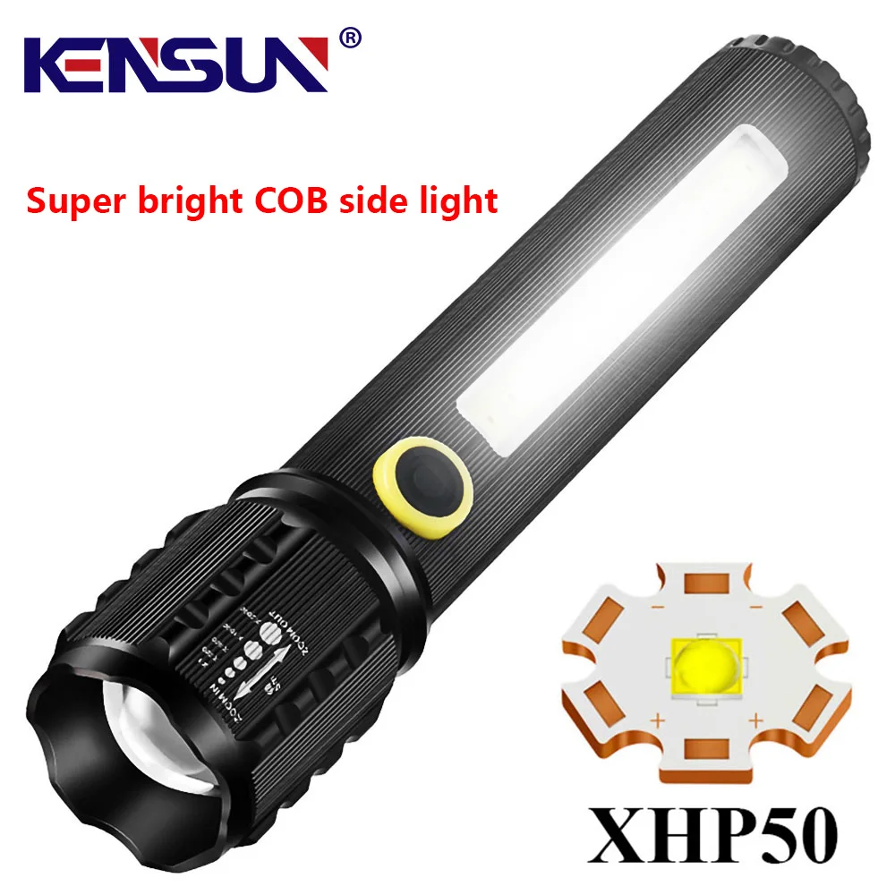Mini Rechargeable Flashlight XHP50 LED + Super Bright COB Lamp Built-in ...