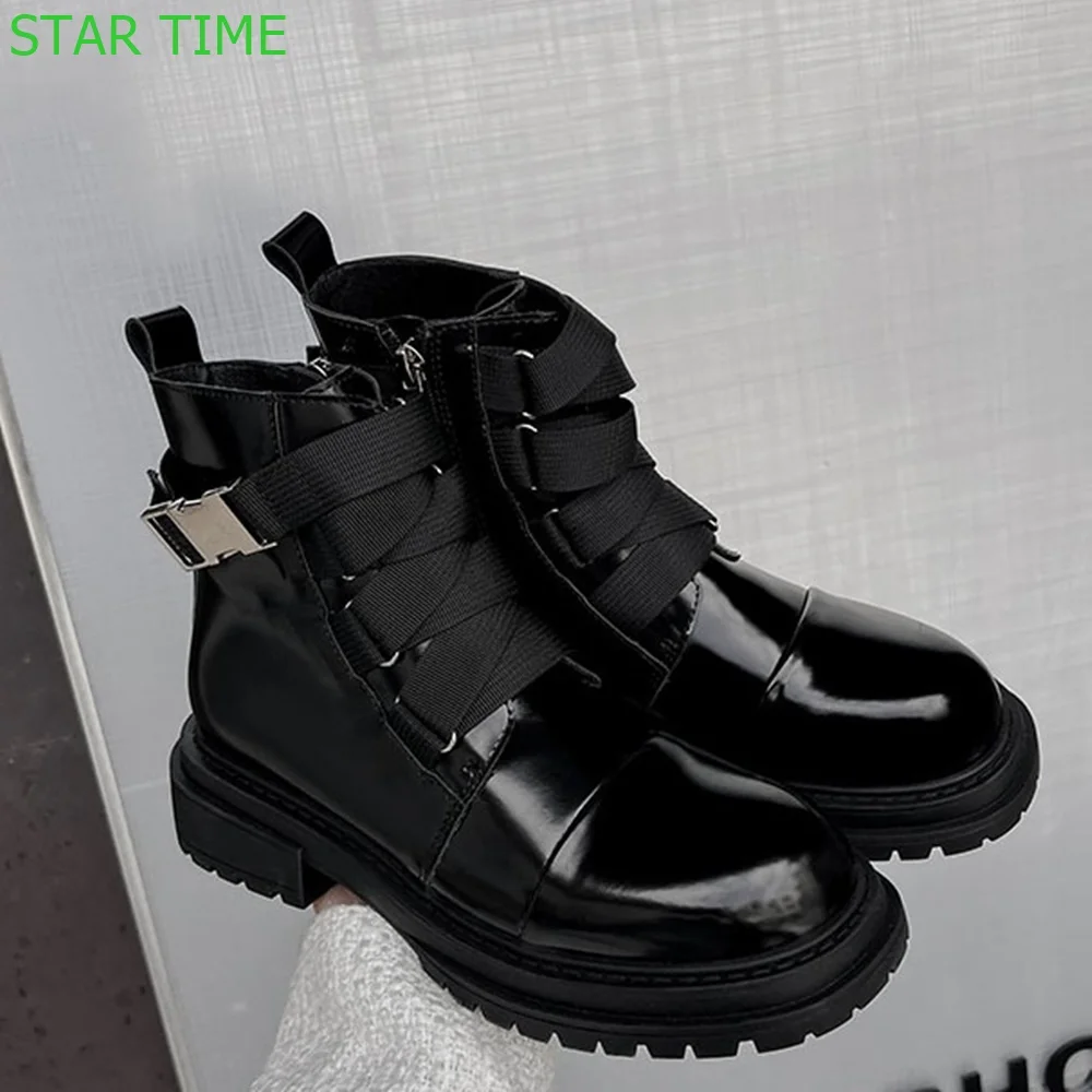 Black-Round-Toe-Ankle-Boots-2024-Spring-New-Cross-Strap-British-Style ...