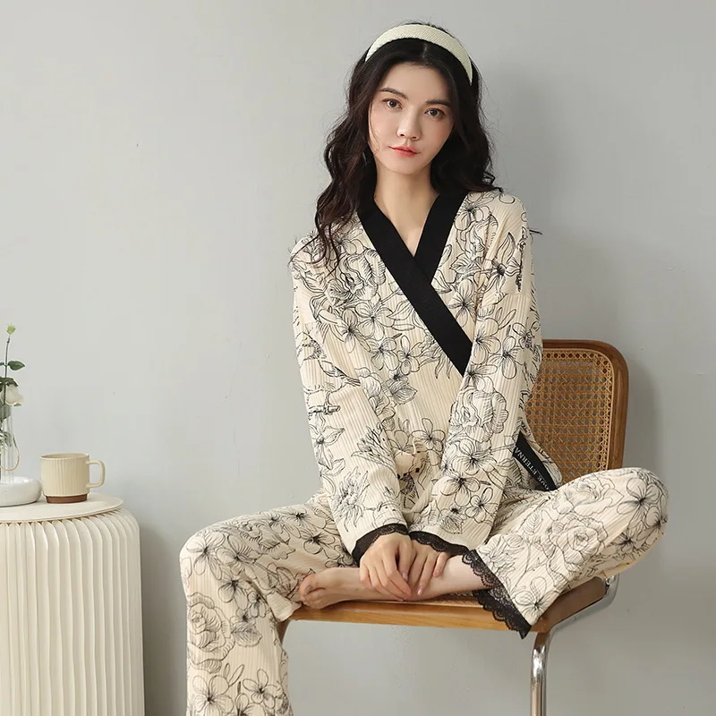 Cotton Women Pajamas Set Spring Autumn Kimono Cardigan Pants Sleepwear ...