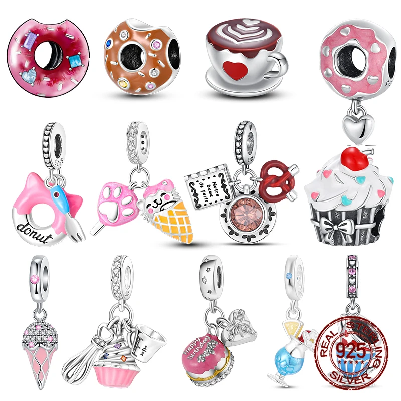 925-Sterling-Silver-Donut-cake-coffee-cup-ice-cream-Beads-pendant-Charm ...