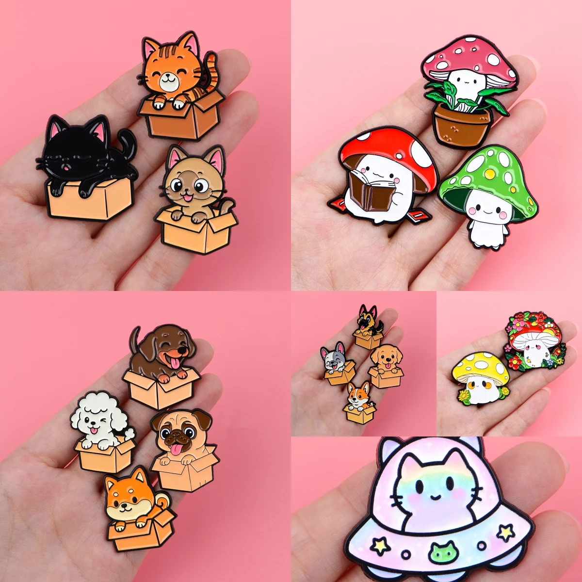 Cute Animal Cats Dogs Enamel Pins Cartoon Mushroom Brooch Lapel Pin ...