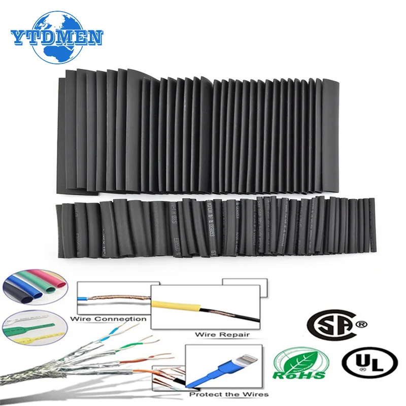 127pcs/lot Thermoretractile Tube 2:1 Black Heat Shrink Tube Kit Heat Shrinkable for Cables ...