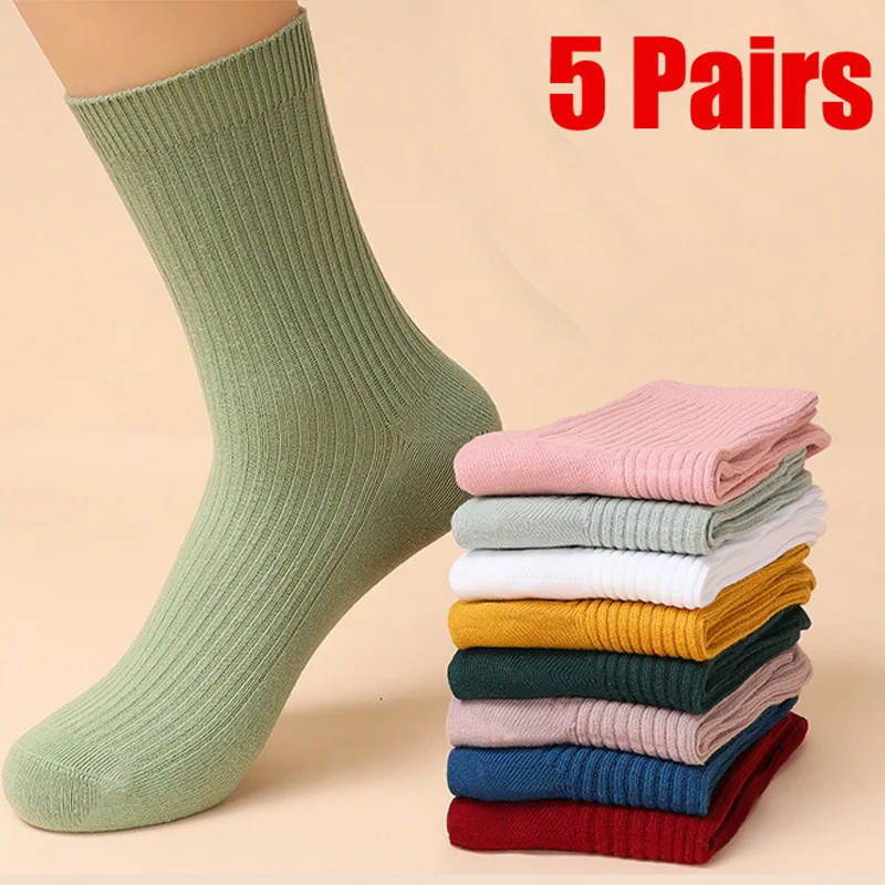 5-Pairs-Casual-women-socks-Solid-Color-Cotton-socks-Soft-Middle-Tube ...