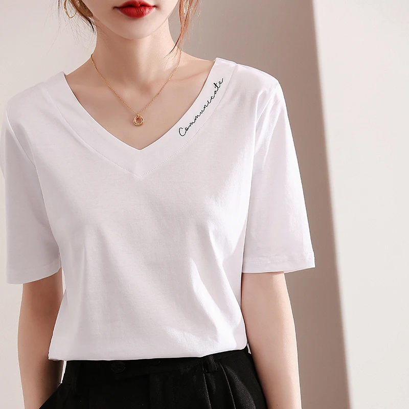 Summer New Mercerized Cotton T-Shirt Women's Short Sleeve Slim Solid ...