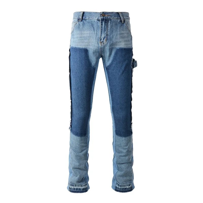 2024-New-Arrivals-Mens-Blue-Flare-Splice-Denim-Pants-Multiple-Pockets ...