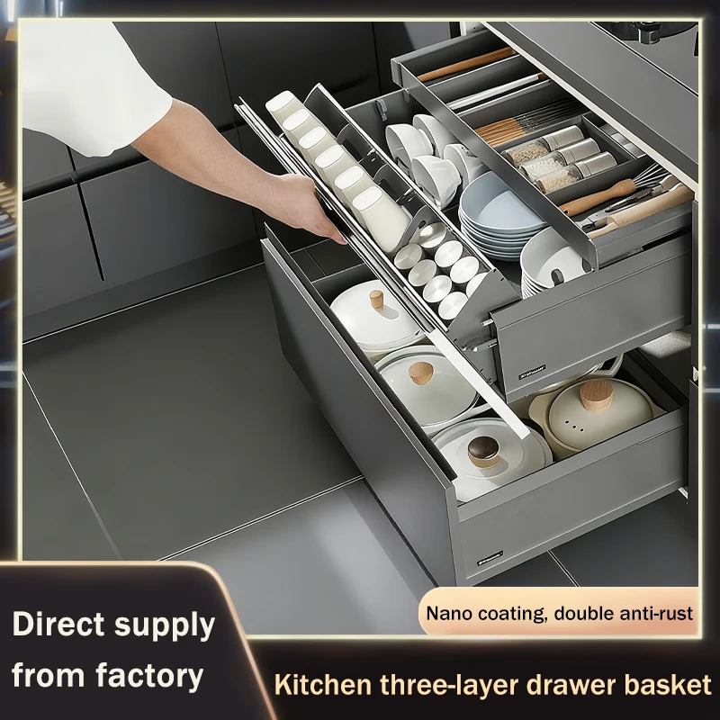 Summit 3 Tier Pull Out Kitchen Basket Drawer Organizer With Cutlery ...