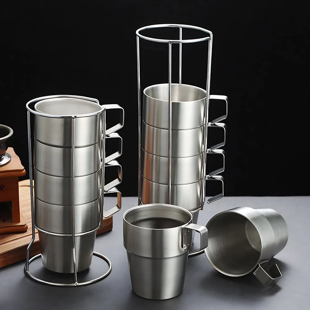 Stackable Stainless Steel Coffee Cup Set, Metal Stand, Double Walled ...