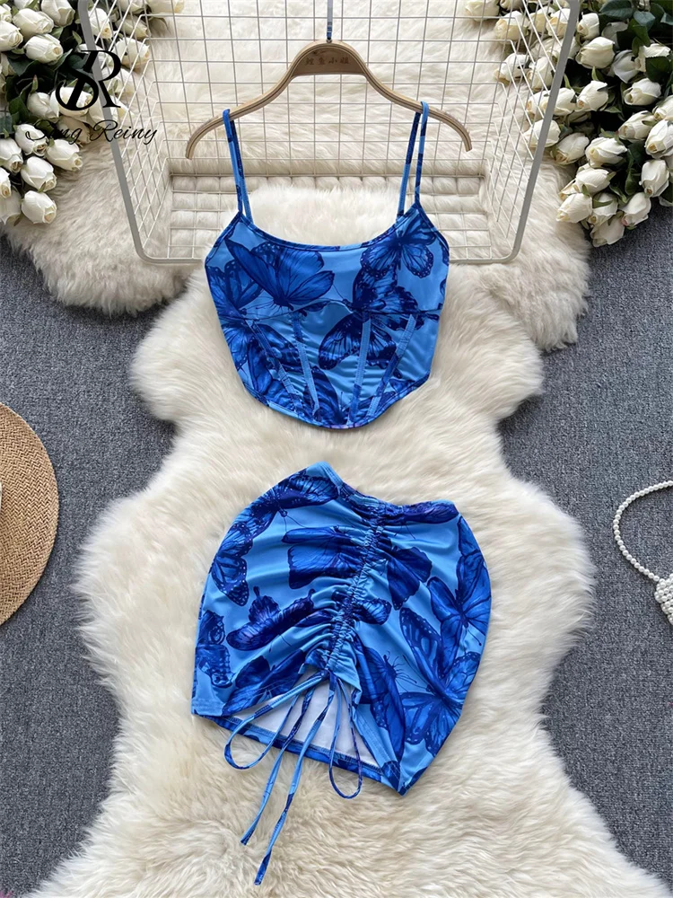 Singreiny Women Butterfly Print Two Pieces Sets Summer Strap Corset