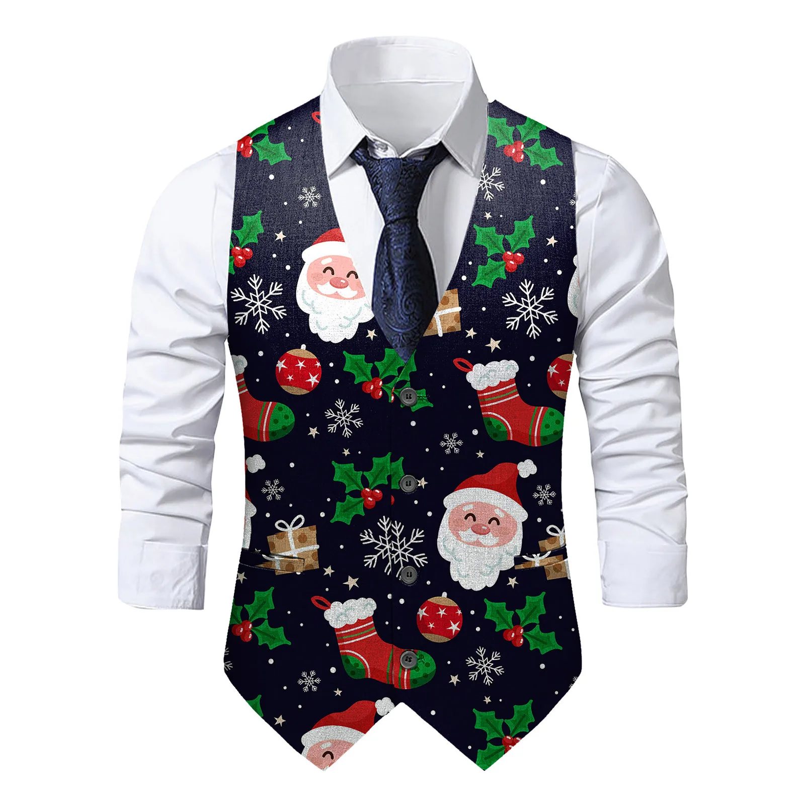Mens-Christmas-Print-Suit-Vest-Single-Breasted-Santa-Claus-Printed-V ...