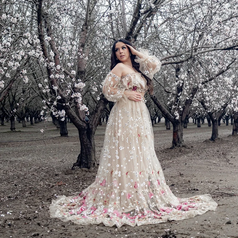 Maternity Photoshoot Dress Off Shoulder Embroidered Yarn Floral High ...