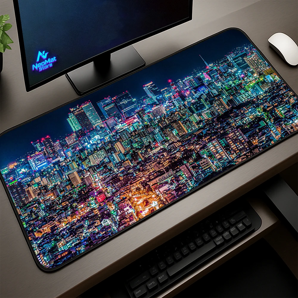 Cityscape Desk Mat Pixel Art Carpet Cyberpunk Neon Gaming Aesthetic LED ...