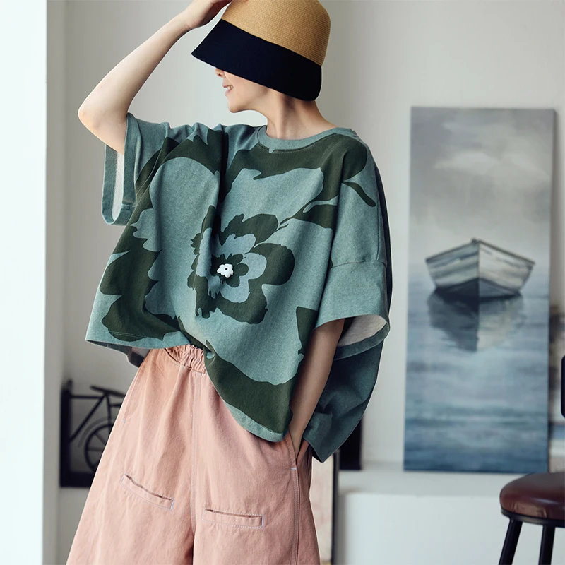 T2637C-Korean-version-Morandi-green-oversize-abstract-peony-print-loose ...