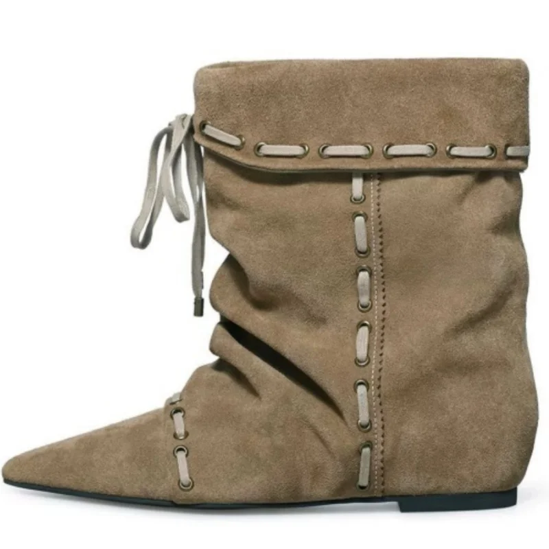 Wrinkle Style Women's Ankle Boots Pointed Toe Flat Cross-tied Femme ...
