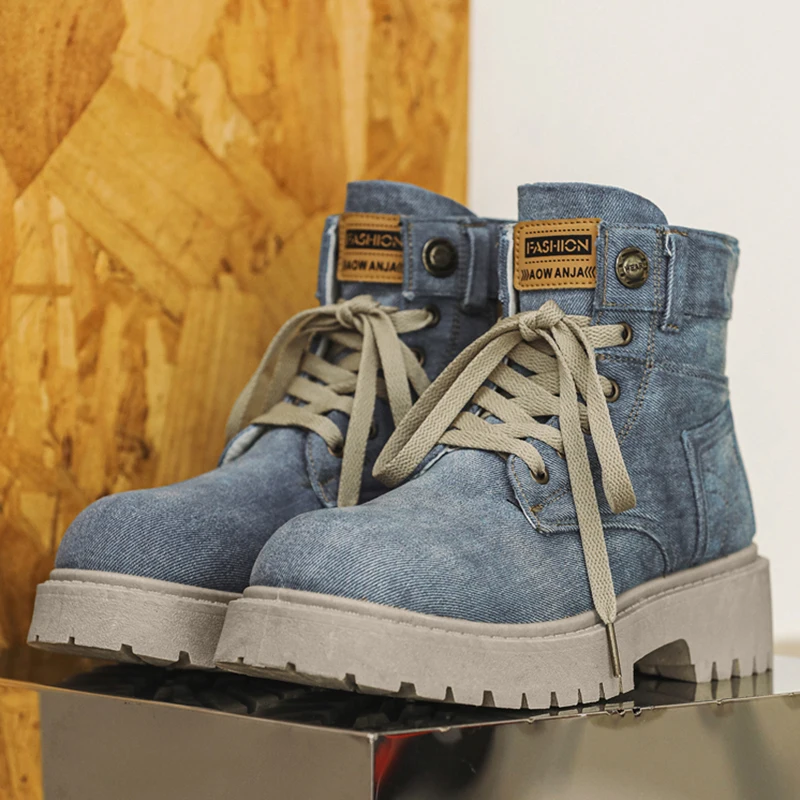 Men Platform Denim Boots Vintage Design Ankle Shoes Male Brand High ...