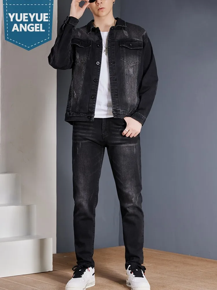 New-Men-Black-Embroidery-Denim-Set-Jacket-Jeans-Two-Piece-Sets-Casual ...