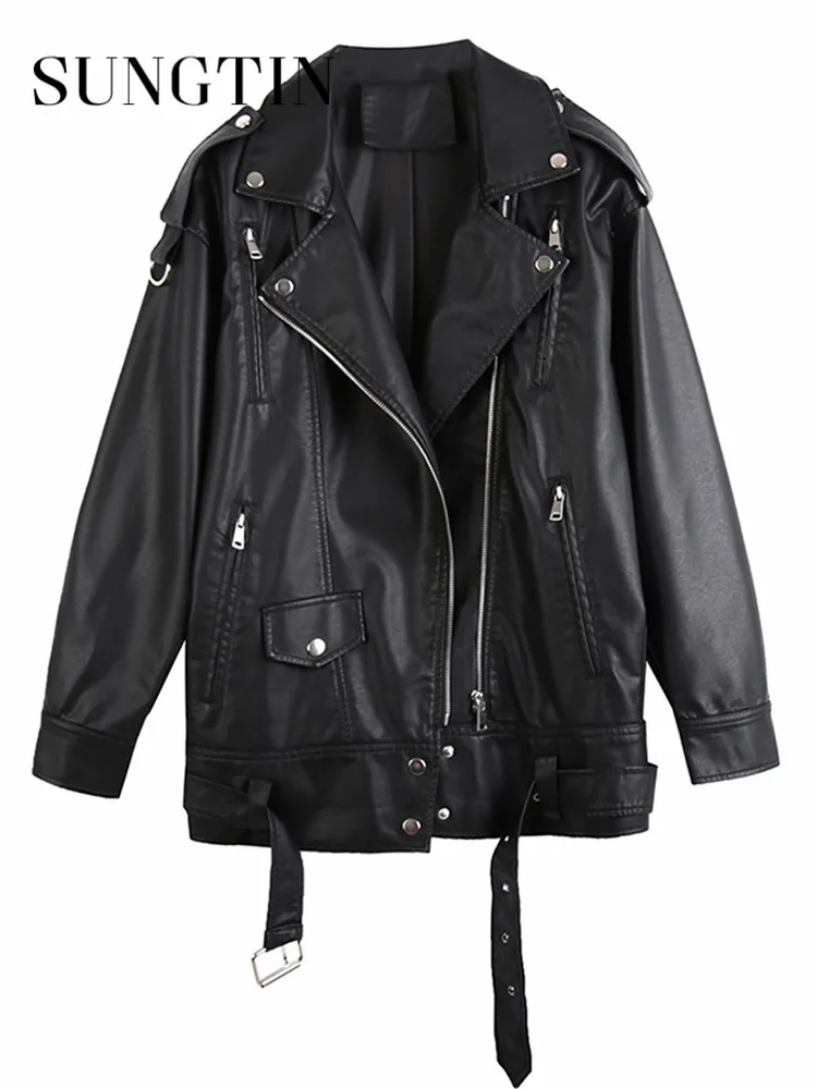 Sungtin Black Pu Leather Jackets Women With Belt Oversized Korean Loose ...
