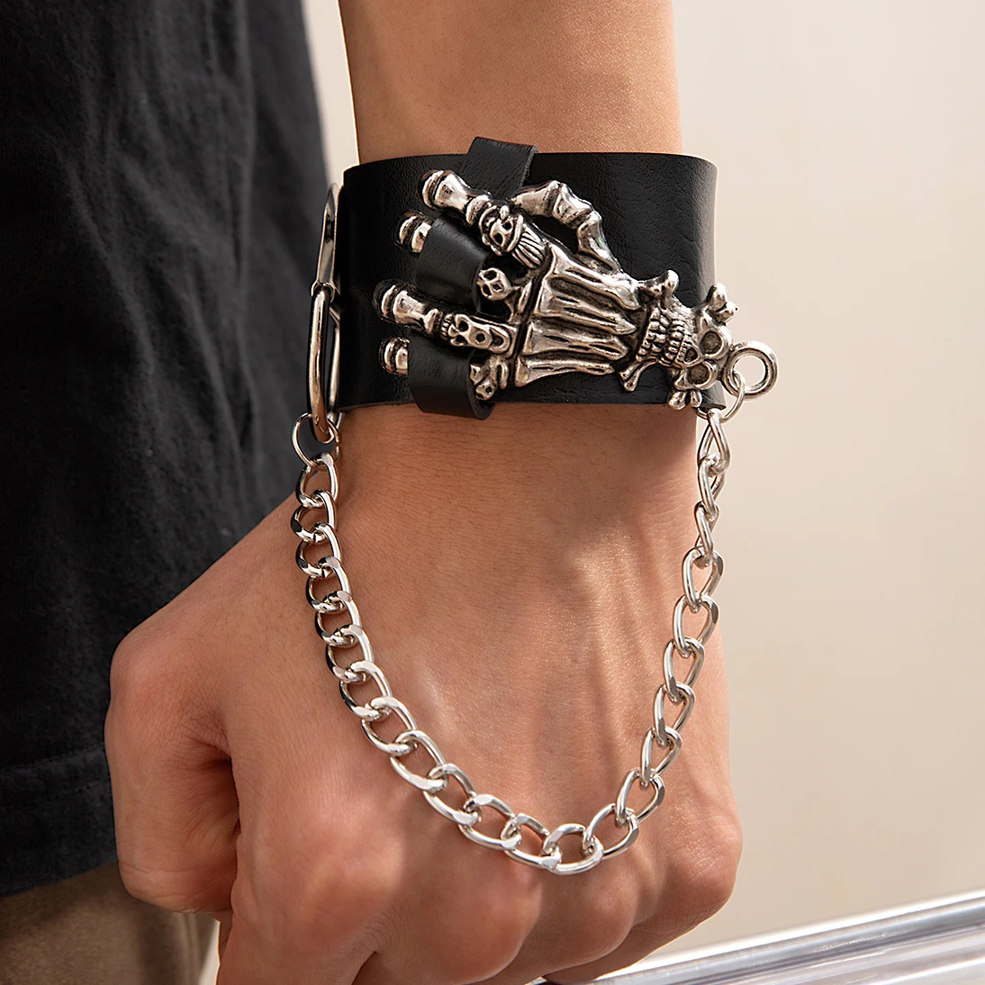Goth-Black-PU-Leather-Skull-Finger-Wrist-Chains-Rings-Bracelets-Women ...